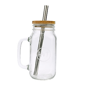 H&T Designs 4 Pack Mason Jar Cup/Mug with Handle and Bamboo Lid Stainless Steel Straw - 24 OZ Mason Jar Regular Mouth - Coffee/Smoothie/Drinking Glass