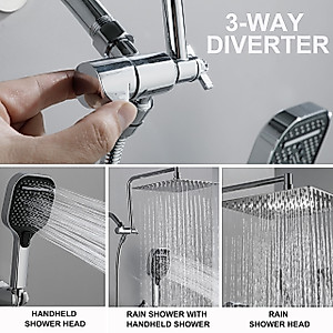 Rain Shower Heads with Handheld Spray Combo, 10 Inch High Pressure Rainfall Showerhead with 11" Extension Arm, 3-Setting Handhled Shower Head with Adjustable Suction Cup Shower Holder, Chrome