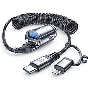 LISEN 90W iPhone 15 Car Charger, 45WPD+QC3.0 Fast Charging Cigarette Lighter USB Charger with 2-IN-1 Type C/Lightning Coiled Cable 5FT, Certified USB C Car Charger for iPhone 15 Pro Max 14/Samsung S23