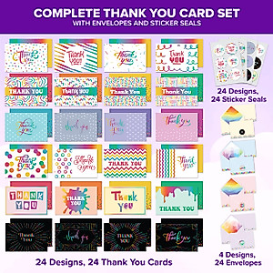 Decorably Assorted Thank You Cards with Envelopes & Stickers - 24 Pack Rainbow Thank You Cards with Envelopes, Blank Inside 4x6in Thank You Cards Rainbow, Thank You Card Assortment