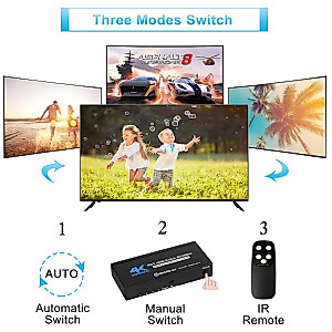 4K HDMI Switch 4x1, 4K@60Hz 4 in 1 Out HDMI Switcher Selector with IR Remote Control, Supports HDCP 2.2 4K@60Hz UltraHD HDR10 3D HD1080P Dolby DST, HDMI Splitter for PS4 Xbox Apple TV Fire Stick