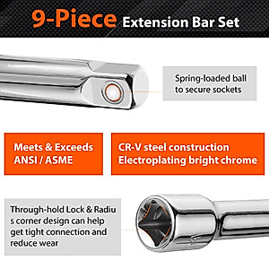 VALUEMAX 9 PCS Extension Bar Set, 1/4", 3/8", 1/2" Drive Socket Extension Bar Set for Ratchet Wrench, Premium Chrome Vanadium Steel with Mirror Finish, Chrome Plated, Storage Tray Included