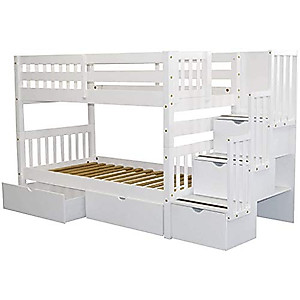 Bedz King Stairway Bunk Beds Twin over Twin with 3 Drawers in the Steps and 2 Under Bed Drawers - White