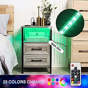 HOSEOKA Night Stand Charging Station and RGB Lights for Night Side Table Nightstand with USB Ports and Outlets Grey Night Stand Table with Drawers Farmhouse Nightstand for Bedroom