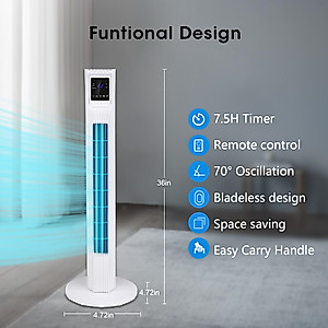 TrendGear Oscillating Tower Fan, Bladeless Fan with Remote Control, 3 Speeds, 3 Modes, 7.5 H Timer, Portable Quiet Cooling Fan, 36’’ Standing Fan for Home Office