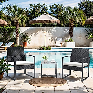 Homall Balcony 3 Piece Furniture Table Garden Backyard Outdoor Patio Use Porch Chairs Cushioned PE Wicker Bistro Set Rattan (White)