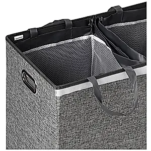 SUPERJARE Double Laundry Hamper with 2 Removable Liner Bags, 150 L Large Laundry Basket with Magnetic Lid, Collapsible Clothes Hamper with Easy Carry Built-in Handles, 2 Section, Linen Gray