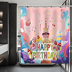 DLTAY Happy Birthday Shower Curtain, Birthday Cake Pattern Celebration Fete Day Birthday Party Decorations Gift Cute Pink Bathroom Decor Set with 12 Hooks, 72x72 inches