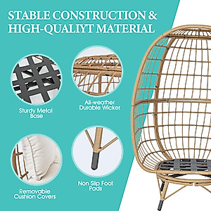 HLNPTN Patio Egg Chair Wicker Outdoor Egg Basket Chairs, Oversized Outdoor Furniture PE Rattan Patio Lounge Chair 440lb Capacity Sofa Seat with Stand & Beige Cushions for Indoor, Living Room, Backyard