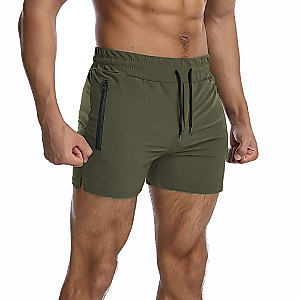 EVERWORTH Men's Bodybuilding Gym Shorts Lightweight Workout Running Short Fitted Quick Dry Lifting Shorts with Zipper Pockets Green XL