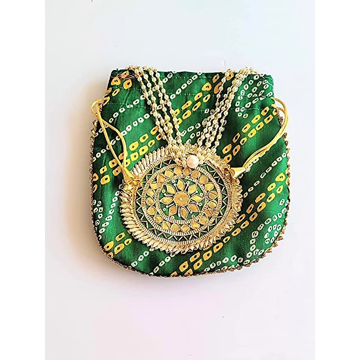 Potli Bag For Woman Ethnic Bandhej Polti Bag, Elegant Evening Wedding Party Purse For Women's BY PANACHE MERCHANT (Green)