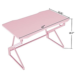 CubiCubi Simple Gaming Desk Z Shaped 40 inch Gamer Workstation, Home Computer Carbon Fiber Surface Gaming Desk PC Table with Headphone Hook, Pink