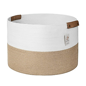 R RUNKA Extra Large Basket 22" x 14", Soft Woven Storage Basket with Leather Handles,Big Basket and Organizer for Laundry, Toys, Books and Baby Blankets