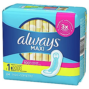 Always Maxi Feminine Pads for Women, Regular Absorbency, 24 Count, No Wings, Unscented (24 Count)