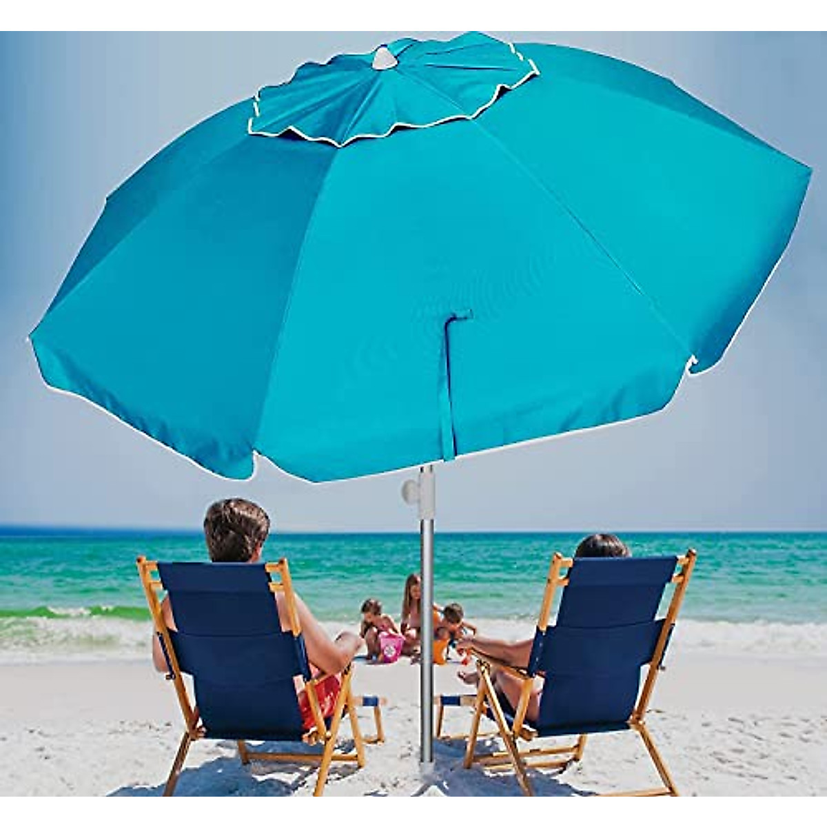 AMMSUN 6.5ft twice folded compact Portable beach umbrella with sand anchor windproof, Push Button Tilt Air vent UV 50+ Protection Fits in a large Suitcase for travel Patio Garden Pool Backyard Sky Blue