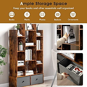 Giantex 9-Cube Bookcase with 2 Drawers - Industrial Freestanding Open Display Shelving with Anti-toppling Device, 12 Storage Shelves, Wooden Tree Shaped Bookshelf for Living Room, Rustic Brown