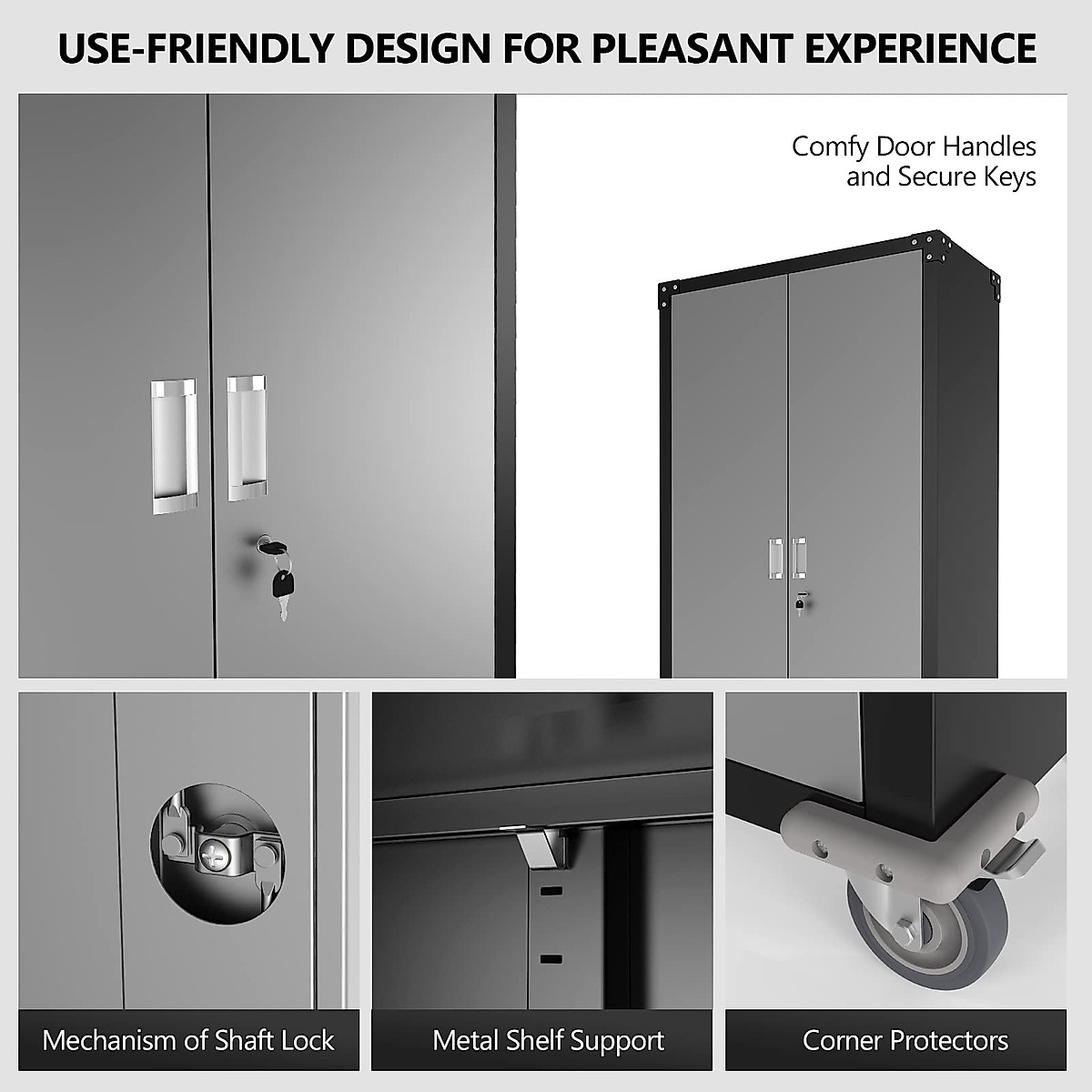 Bonnlo 72" Tall Sliver&Black Garage Storage Cabinets with Locking Doors and 4 Adjustable Shelves, Metal Storage Cabinets with Wheels for Garage, Office, Kitchen, Laundry&Utility Room, 32W x 16D x 72H