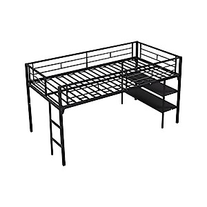 Lostcat Twin Size Metal Loft Bed and Storage Shelves,Heavy Duty Metal Loft Bed w/Full Length Guardrails and Ladder,No Box Spring Needed,Suitable for Kids,Teens,Adults,Black