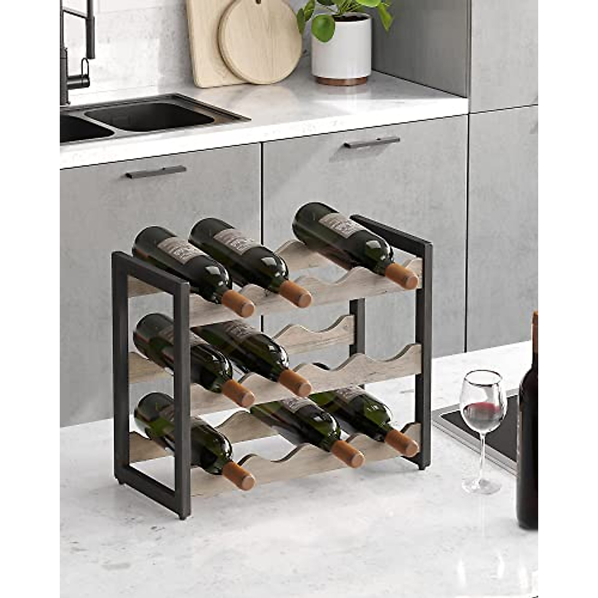 SONGMICS Wine Rack, 3 Tier Tabletop Wine Water Bottle Organizer Storage, Large Capacity Holds 12 Bottles, Bamboo Countertop Wine Holder Shelf for Kitchen Bar Cabinets Pantry, Greige and Black