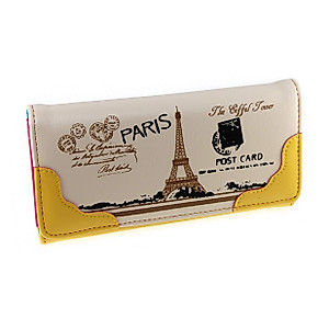 Vintage Style PU Leather Cute Paris Effiel Tower Cartoon Trifold Wallet Cash Coin Long Purse Card Holder for Women & Girls (Yellow)