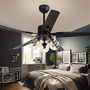 Black Ceiling Fan with Light and Remote 6 Speed Mute Metal Reversible Blades 5 Light 52" for Indoor Industrial Rustic Farmhouse Bedroom Living Room Dining Room
