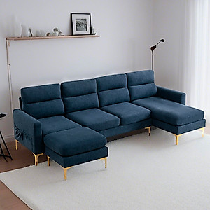 URRED Sectional Sofa Couch, 4 Seat U-Shaped Sofa Set for Living Room,Velvet Fabric Convertible Modular Sofa Sleeper with Double Chaise/Oversized Seats/Comfortable Backrest, Blue