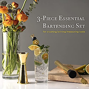 Homestia Stainless Steel Muddler for Cocktails, 3 PCS Bar Tools: 10" Drink Muddler, 12" Cocktail Spoon, 1 oz 2 oz Jigger, Gold Mixing Tools for Drinks, Mini Home Bar Tool Set for Alcohol Beverages