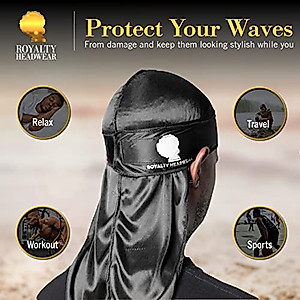 Royalty Headwear One Strap Silky Durag for Men - Premium Quality with Hook and Loop Closure Black Durag for Men 360, 540, 720 Waves