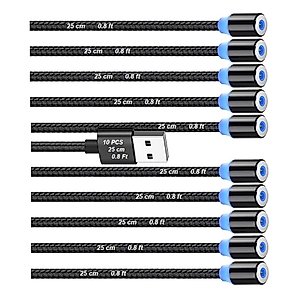 Magnetic Charging Cable 10pcs,Just Short USB Cables No Magnetic Charging Tips,[0.6~0.8ft/20~25cm,2.4 A Max) i Style Nylon Braid Cord,Compatibility Charger Station/Mobile Power&More Devices (Black)