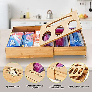 Ziplock Bag Organizer, Bamboo Expandable Plastic Stretch Film Dispenser Organizer for Gallon, Quart, Sandwich, Snack Bags, Food Storage Bag Organizer for Kitchen Drawer Fit 13'' Roll Variety Size Bags
