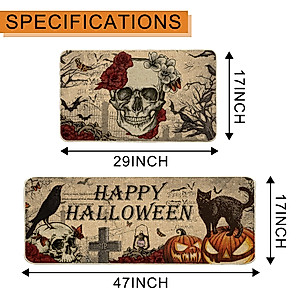 Hexagram Halloween Kitchen Mat, Halloween Kitchen Decor, Halloween Decorations Indoor for Home, Kitchen Rugs and Mats Non Skid Washable Set of 2, Skull Cat Kitchen Mats for Floor(17"x29"&17"x47")