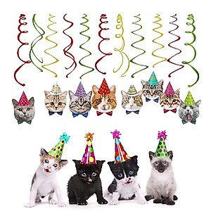 Kristin Paradise 30Ct Cat Face Hanging Swirl Decorations, Kitty Party Supplies, Meow Happy Birthday Theme Decor, Pet Paper Funny Favor for First 1st Bday