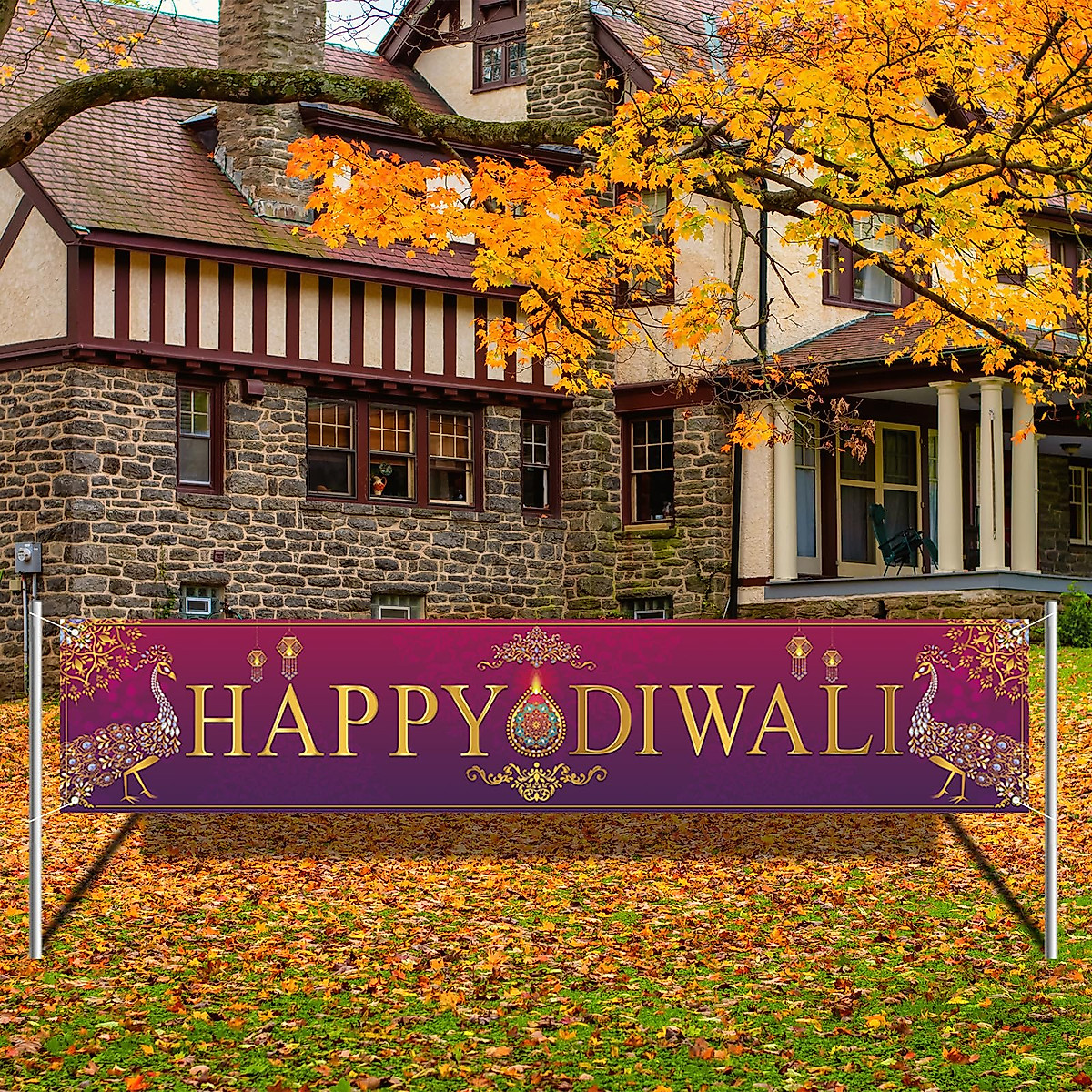 Large Happy Diwali Banner for Fence Indian Diwali Peacock Indian Deepavali Festival of Lights Party Decorations and Supplies for Home