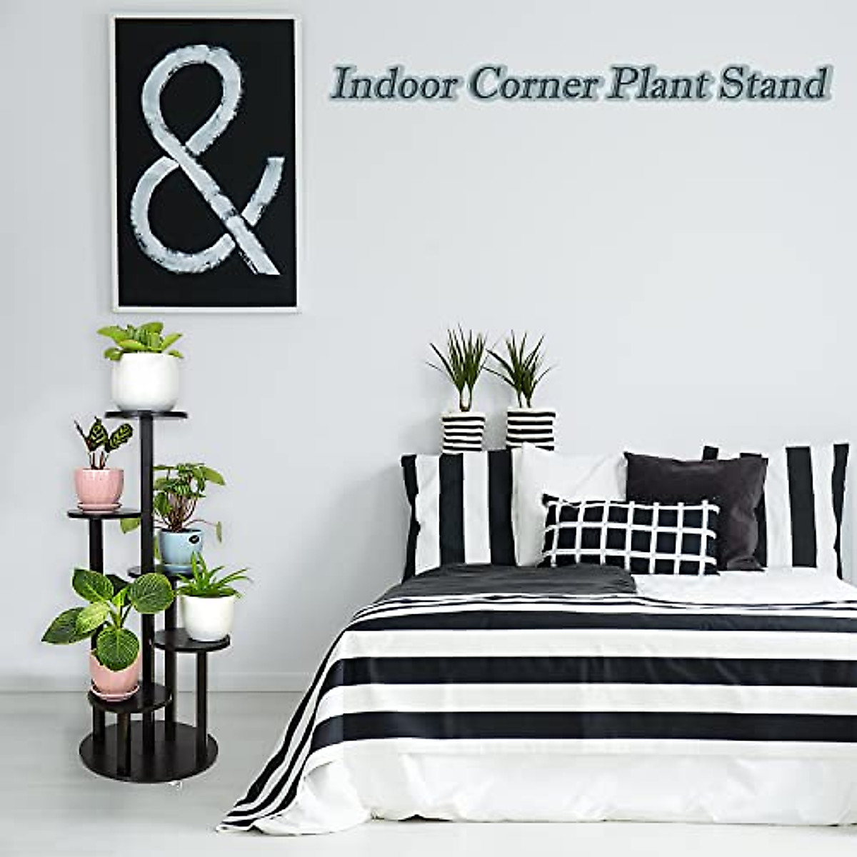 Bamboo Plant Stand for Indoor Outdoor 5 Tier Tall Corner Plant Stand Round Display Rack Multiple Flower Pots Holder Shelf for Patio Garden, Living Room, Balcony and Bedroom (Black)