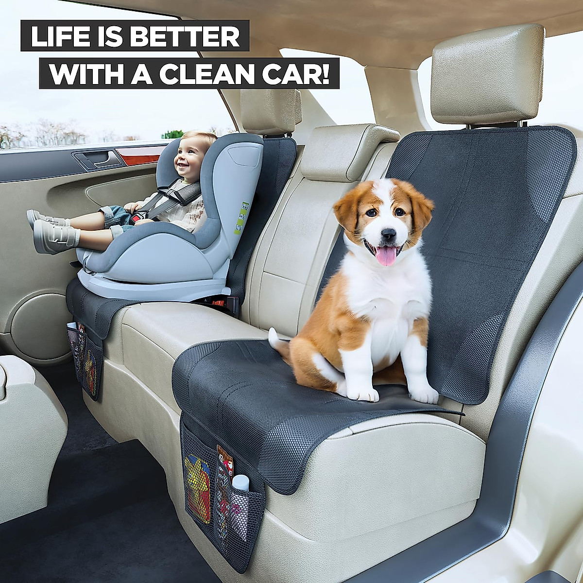 Car Seat Protector For Child Car Seat, Car Seat Protection For Baby Carseat, Non-Slip Seat Protector Under Baby Car Seat, Thick Padding Seat Cover For Car Seat With 2 Mesh Storage Pockets, 2 Pack