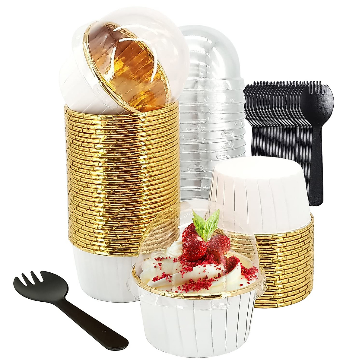 50 Pack Jumbo Cupcake Cups With Lids,LNYZQUS 5.5 Oz Foil Cupcake Muffin Liners,Disposable Ramekins Pans Muffin Tins,Large Baking Cups Cupcake Wrappers Holders -White in gold