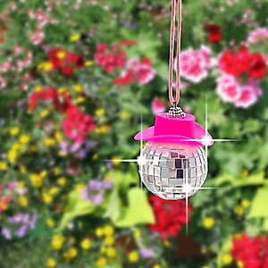 Disco Ball Car Accessory,Disco Ball Car Mirror Ornament,Disco Ball for Car,Car Disco Ball for Rear View Mirror,Bling Disco Ball Cowboy Hat Car Accessory, (Pink)