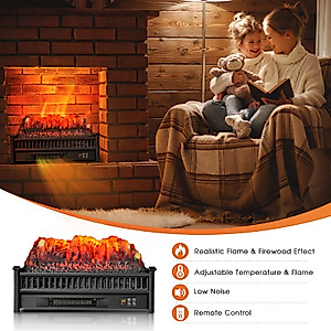 COSTWAY Electric Fireplace Log Heater with Remote Control, 23-Inch Realistic Ember Bed Insert Log with 0.5-6H Timer, Adjustable Flame Brightness and Temperature, Overheating Protection, 1400W