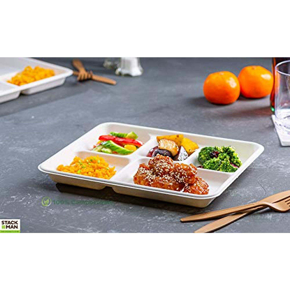 100% Compostable, 5 Compartment, Disposable Paper Plates [125-Pack] - {PFAS Free} - {BPA Certified} - [10 Inch] Heavy Duty Biodegradable Bagasse Sectional Lunch Trays + Dividers - Divided Platter Tray