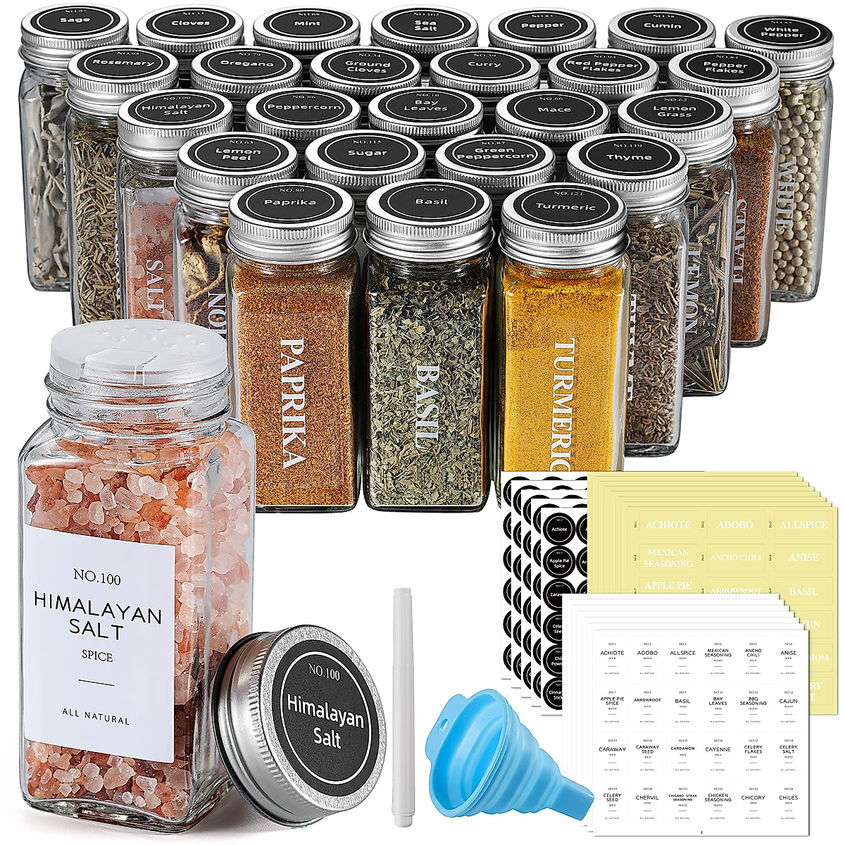 NETANY 25 Pcs Spice Jars with Labels - Glass Spice Jars with Shaker Lids, Minimalist Spice Labels Stickers, Collapsible Funnel, 4oz Seasoning Containers Bottles for Spice Rack, Cabinet, Drawer