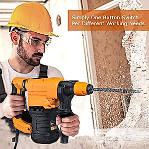 1-1/4 Inch SDS-Plus 12.5 Amp Heavy Duty Rotary Hammer Drill 4 Functions W/Vibration Control Safety Clutch Includes Drill Chuck& Key, Grease, Flat& Point Chisels, 5 Drill Bits, Gloves, Carrying Case