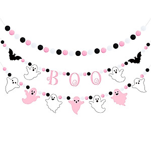 Doumeny 3pcs Halloween Boo Felt Garlands Bat Hanging Banner Ghost Theme Ball Garlands Halloween Black Pink White Pom Pom Banner Halloween Party Felt Banner for Halloween Party Fireplace Home Decor