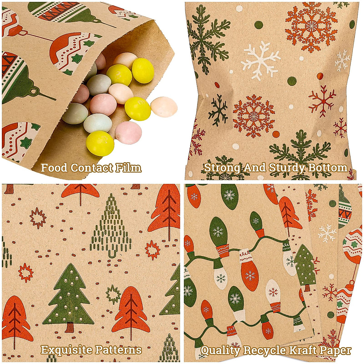 Whaline 120 Pack Christmas Kraft Treat Bags Xmas Tree Snowflake Bulb Light Prints Goodies Snack Gift Bags Red Green Candy Buffet Paper Bags for Christmas Holiday Party Favor Supplies, 4 Designs