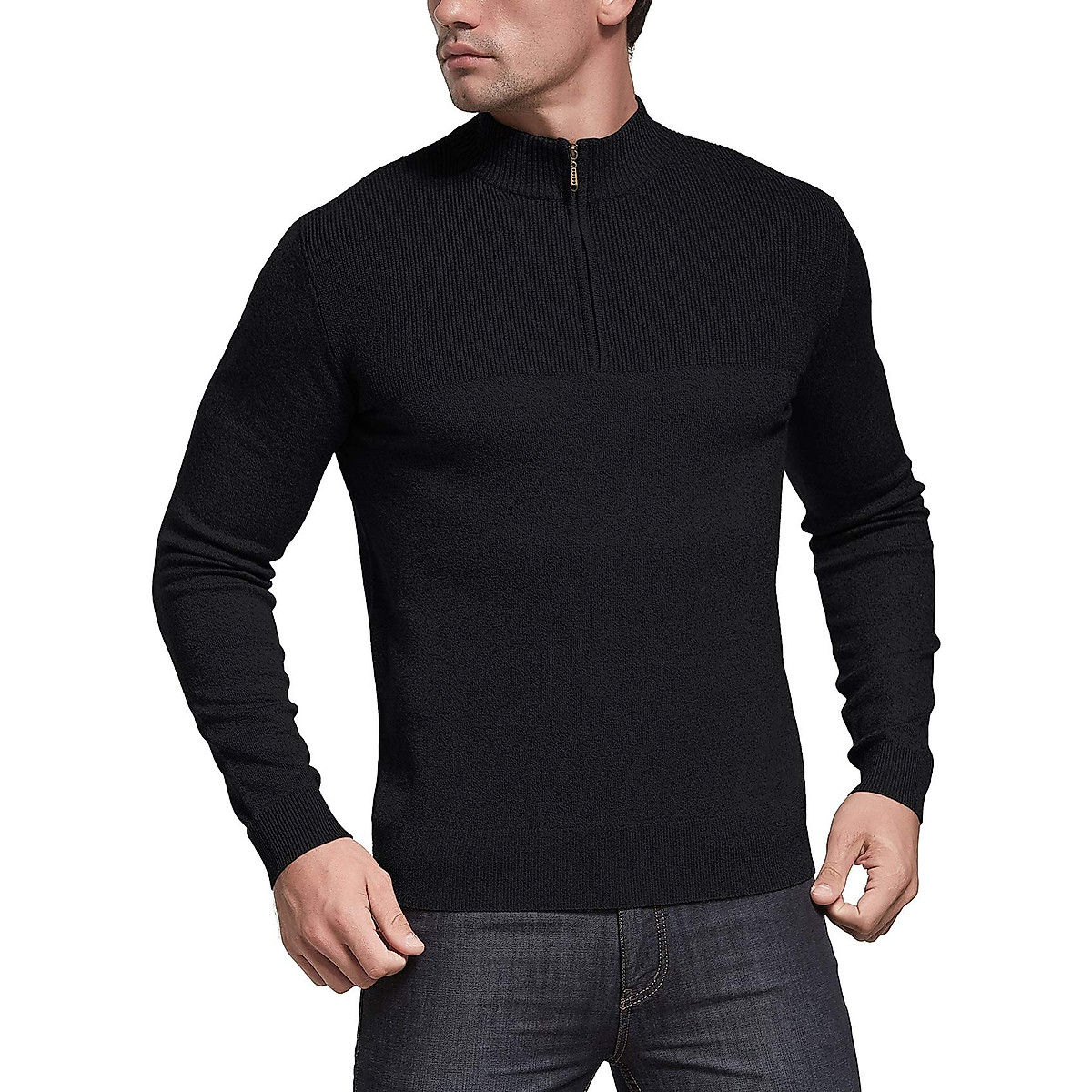 NITAGUT Mens Slim Fit Zip Up Mock Neck Polo Sweater Casual Long Sleeve Sweater and Pullover Sweaters with Ribbing Edge(Black-S)