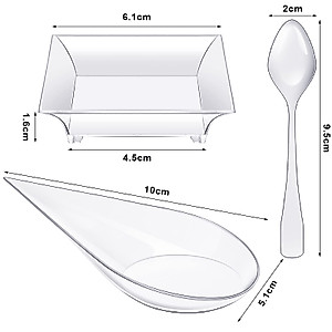 400 Pcs Mini Dessert Plates with Tasting Spoons Disposable Serving Trays 100 Pcs Small Square Appetizer Plates 100 Pcs Clear Plastic Plates 200 Pcs Mini Spoons for Desserts Party Fruit (Water Drop)