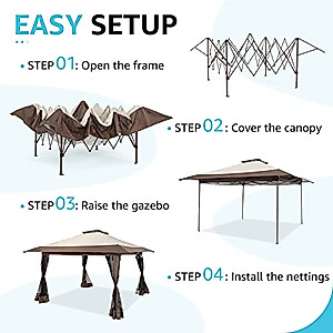 COBANA 13’x13’ Pop Up Gazebo, Outdoor Canopy Tent Shade with Metal Frame Mosquito Netting for Patio, Garden, Lawn, Backyard, Beige