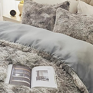 EMME Plush Fuzzy Duvet Cover Set Queen Size 3 Pieces (1 Duvet Cover + 2 Pillow Cases) Luxury Soft Faux Fur Velet Fluffy Comforter Cover Set,Zipper Closure (Tie Dye Light Grey,Queen)