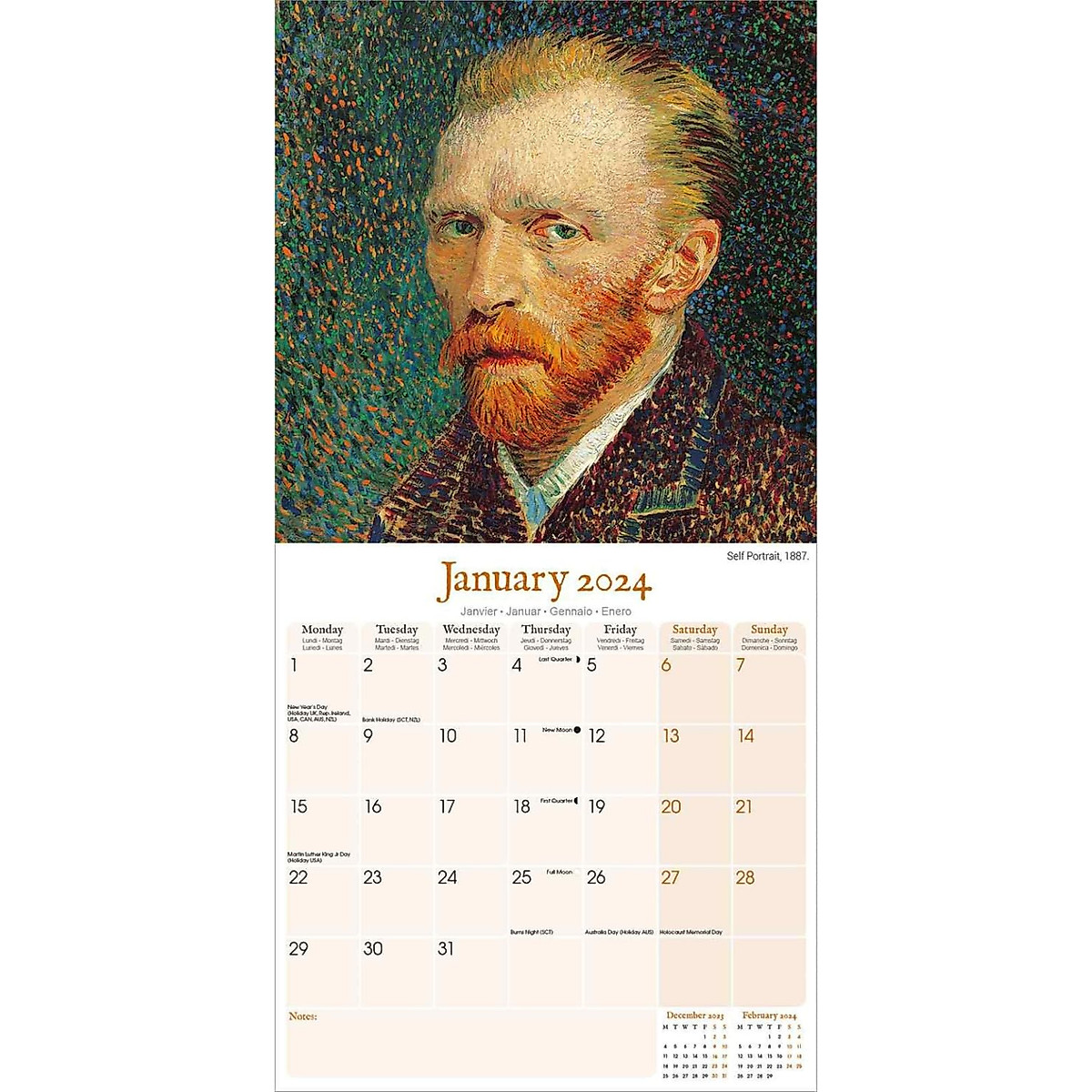 2023 2024 Van Gogh Calendar - Artists Monthly Wall Calendar - 12 x 24 Open - Thick No-Bleed Paper - Giftable - Academic Teacher's Planner Calendar Organizing & Planning