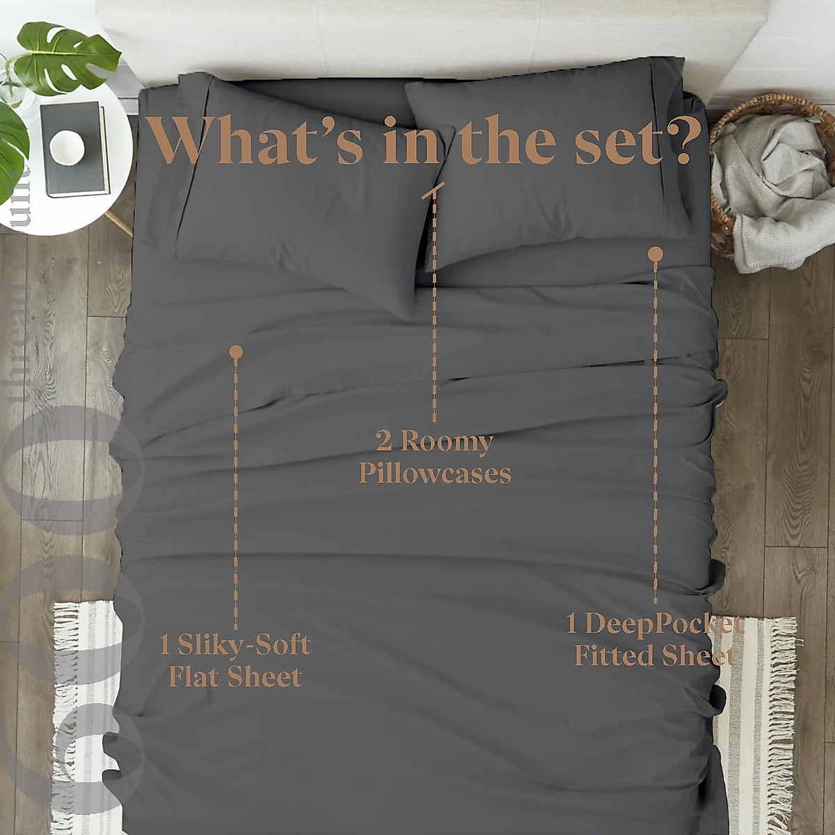 Peace Sleep Bedding - 600 TC Egyptian Cotton Sheets - Luxury Queen Size Cooling Bed Sheets - Soft Sateen Weave Cotton Sheets for Queen Bed - Deep Pocket Fits Upto 16" Deep Mattress - Dark Grey