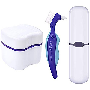 Denture Case,Denture Cups Bath, Toothbrush with hard denture, Dentures Container with Basket Denture Holder for Travel,Mouth Guard Night Gum Retainer Container (Purple)